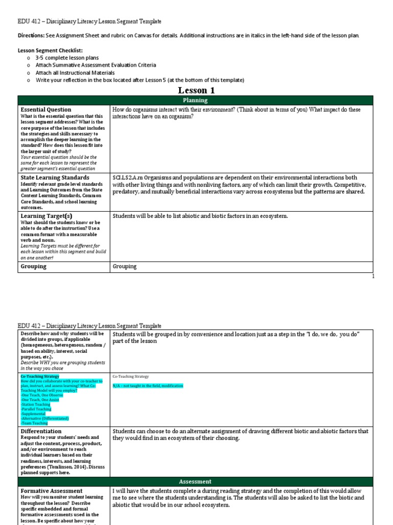 Edu 412 Disciplinary Literacy Lesson Segment Template | PDF ...