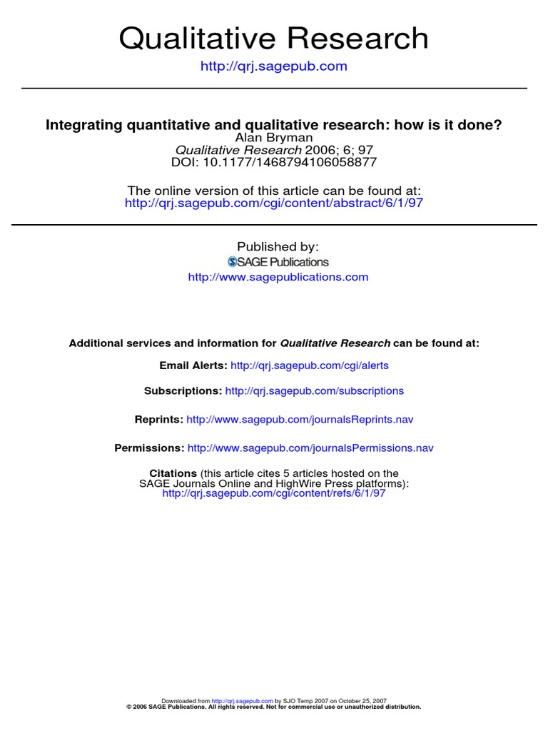 Bryman (2006) - Integrating Quantitative and Qualitative Research | PDF | Qualitative Research ...
