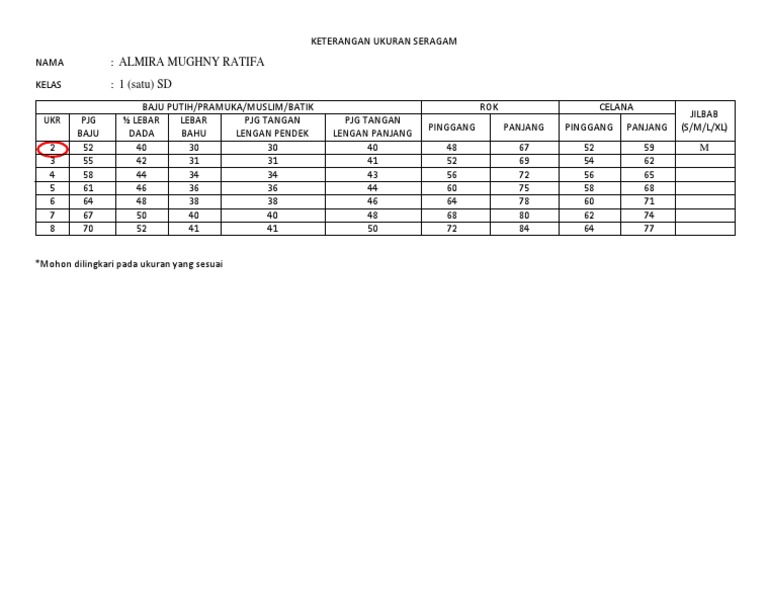 Form Ukuran Seragam | PDF