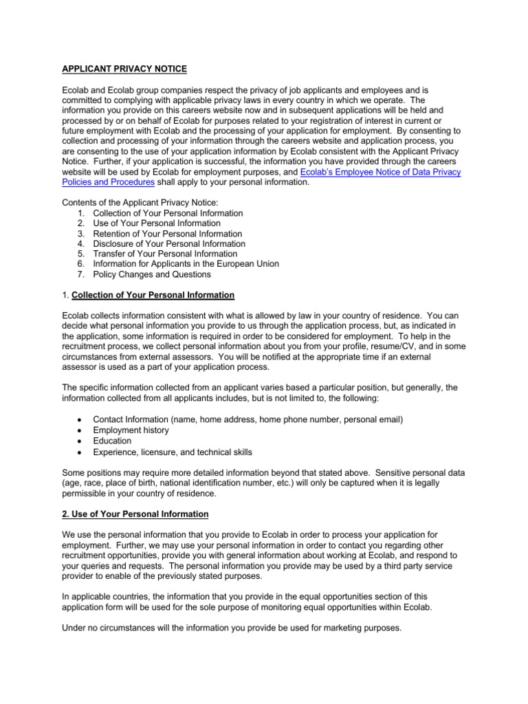 Ecolab Applicant Privacy Notice | PDF | Applied Ethics | Civil Rights ...