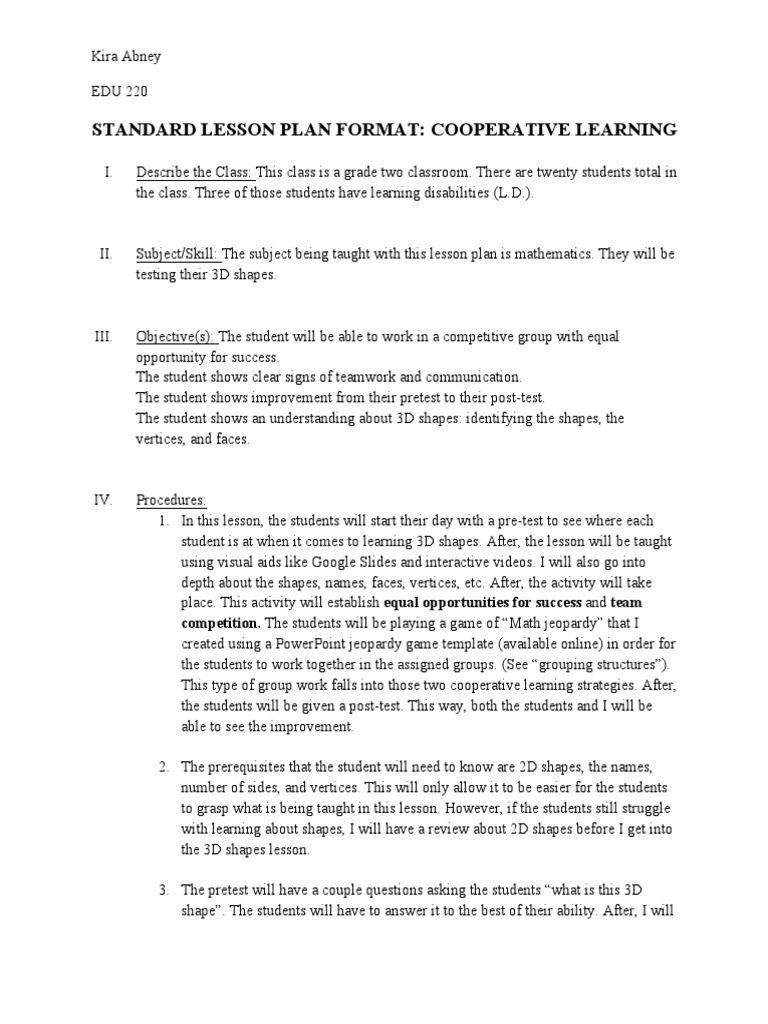 Edu 220 Cooperative Learning Lesson Plan | PDF | Lesson Plan | Applied ...