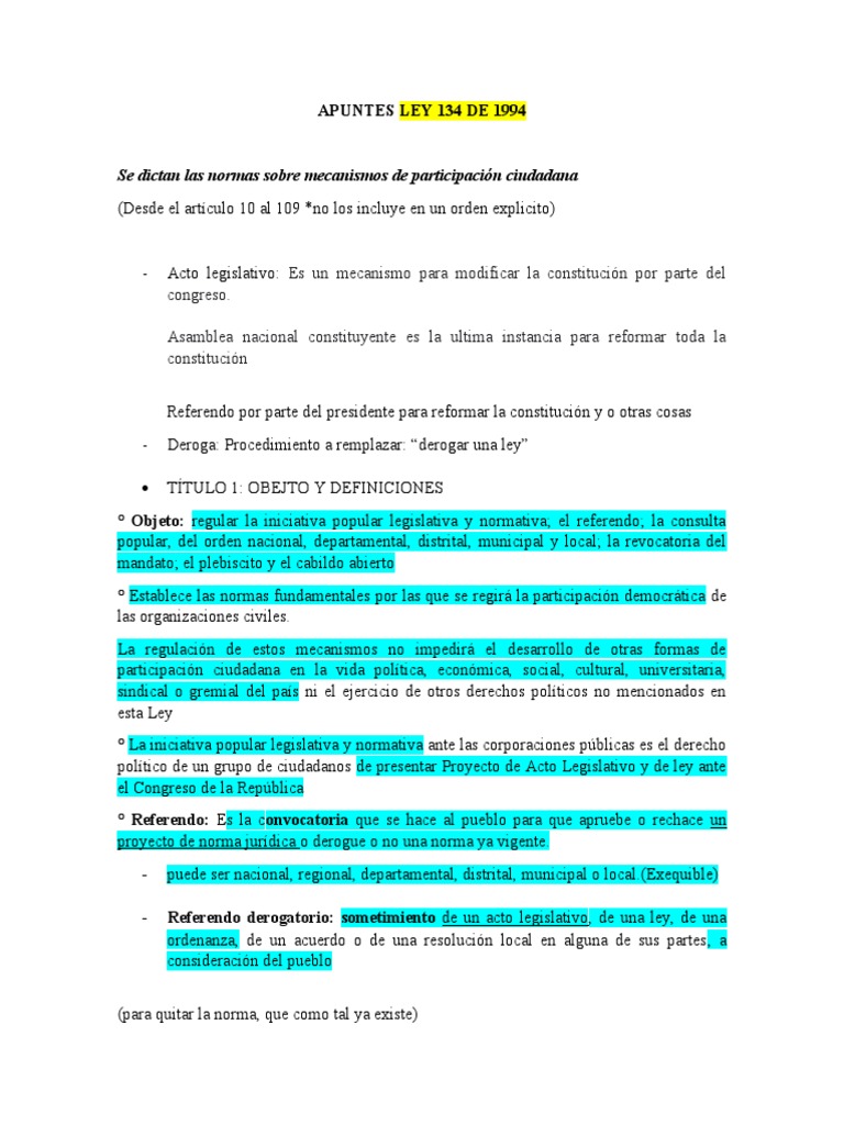 Apuntes Ley 134 de 1994 | PDF | Iniciativa | Constitución