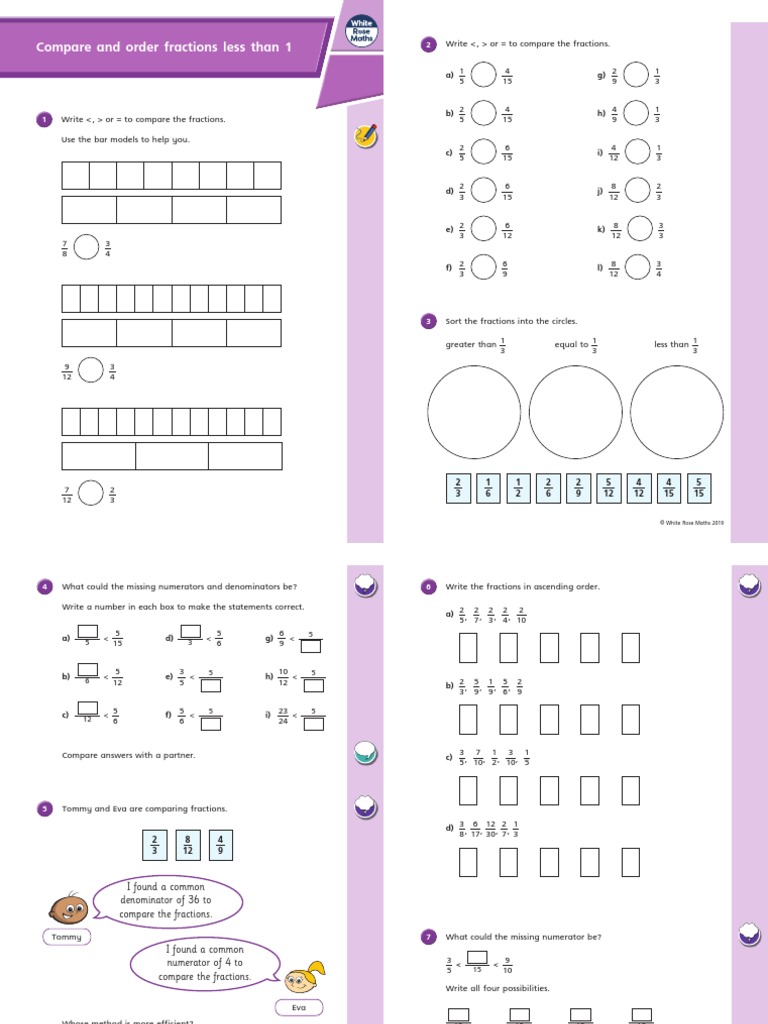 Compare and Order Fractions Less Than 1: © White Rose Maths 2019 | PDF ...