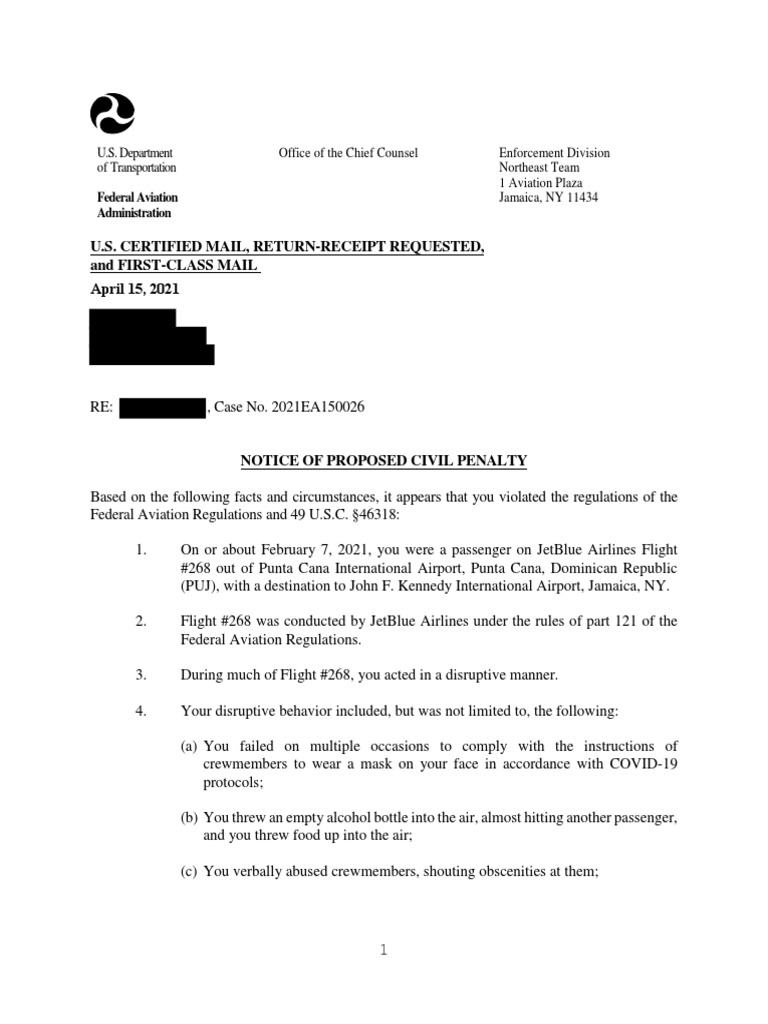 FAA Notice of Proposed Civil Penalty | PDF | Aviation | Justice