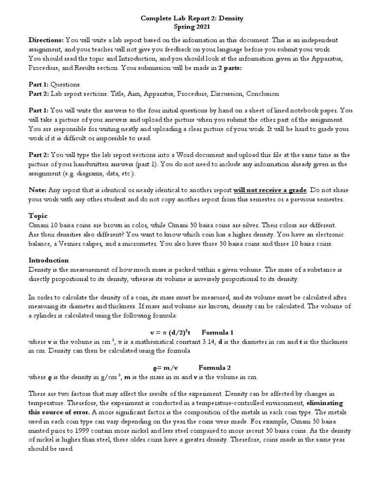 Lab Report 2-Density of Coins-Assignment-S21 | PDF | Density | Volume