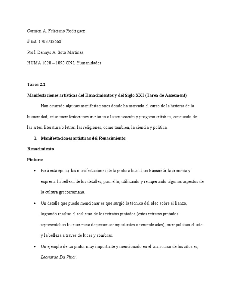 HUMA 1020 - 1090 ONL Tarea 2.2 Manifestaciones Artísticas Del ...