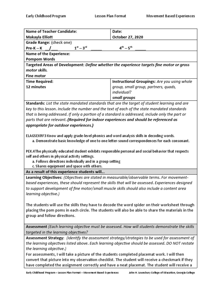 Lesson Plan Fine Motor 1-Pompom | PDF | Lesson Plan | Experience