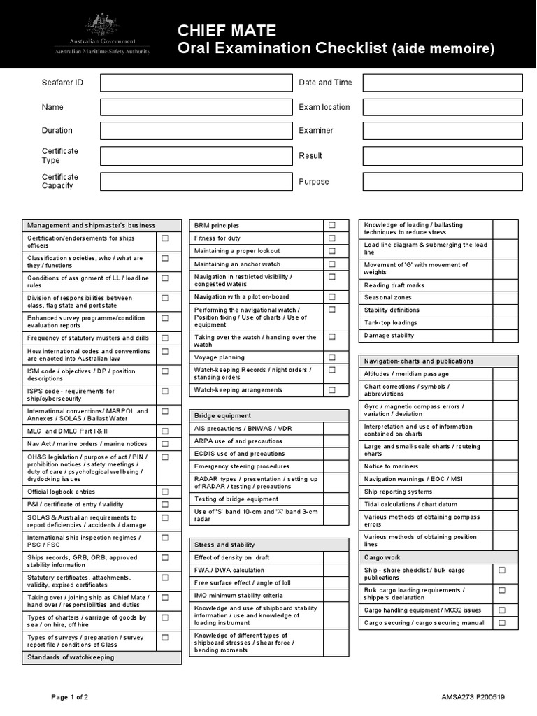 Chief Mate Oral Examination Checklist: (Aide Memoire) | PDF | Ships ...