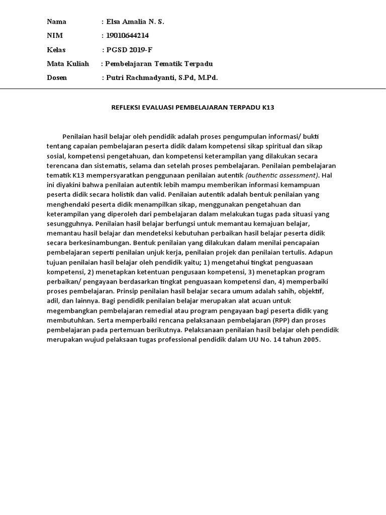 Refleksi Evaluasi Pembelajaran | PDF | Karier & Perkembangan | Kesehatan Holistik