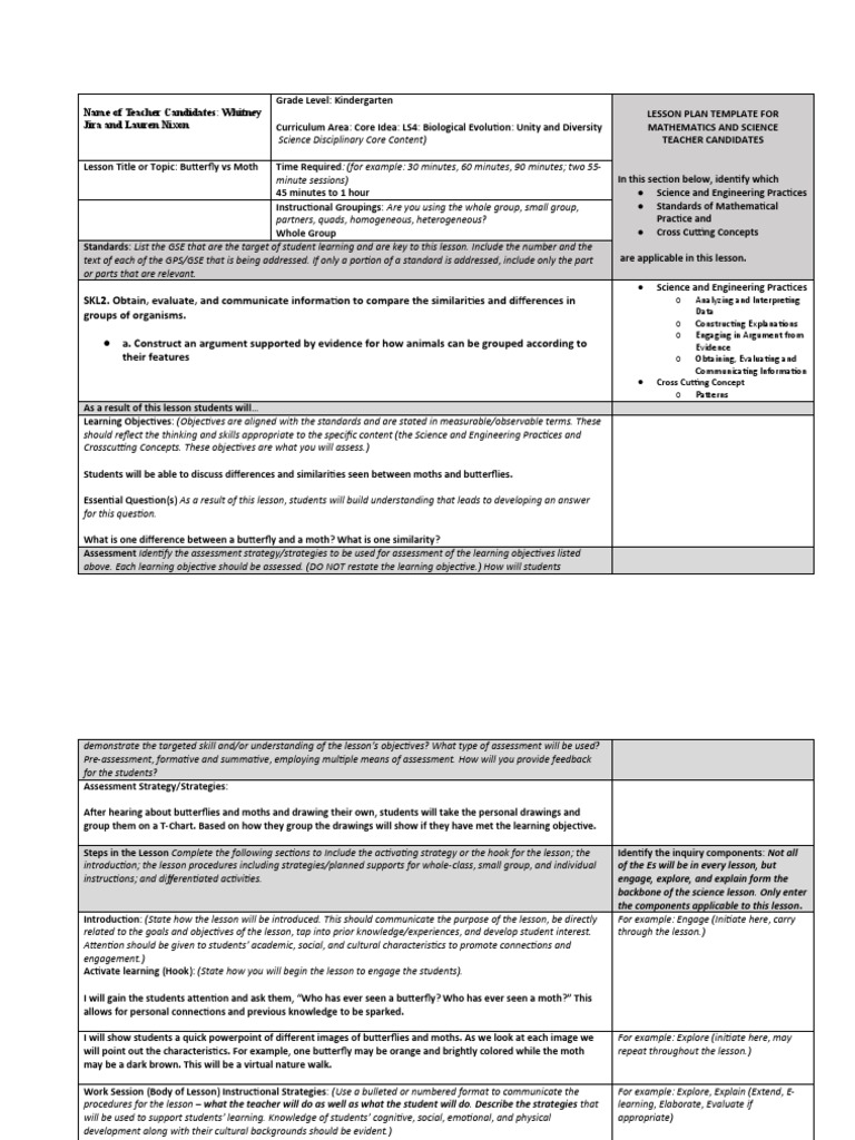Butterfly vs Moth Lesson Plan | PDF | Educational Assessment | Teaching