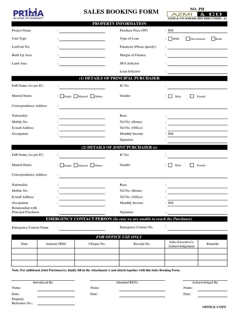 PR1MA Sales Booking Form Office Copy - Temporary | PDF | Money | Banking