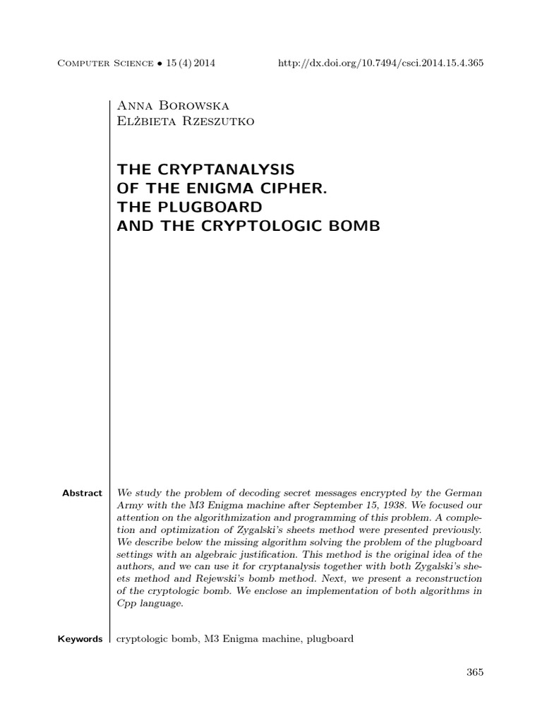 The Cryptanalysis of The Enigma Cipher The Plugboa | PDF | Cryptography | Cipher