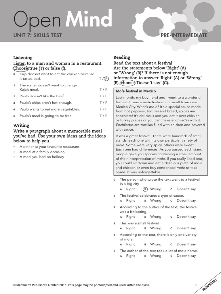 Open Mind Pre-Intermediate Unit 7 Skills Test | PDF | Foods | Cuisine
