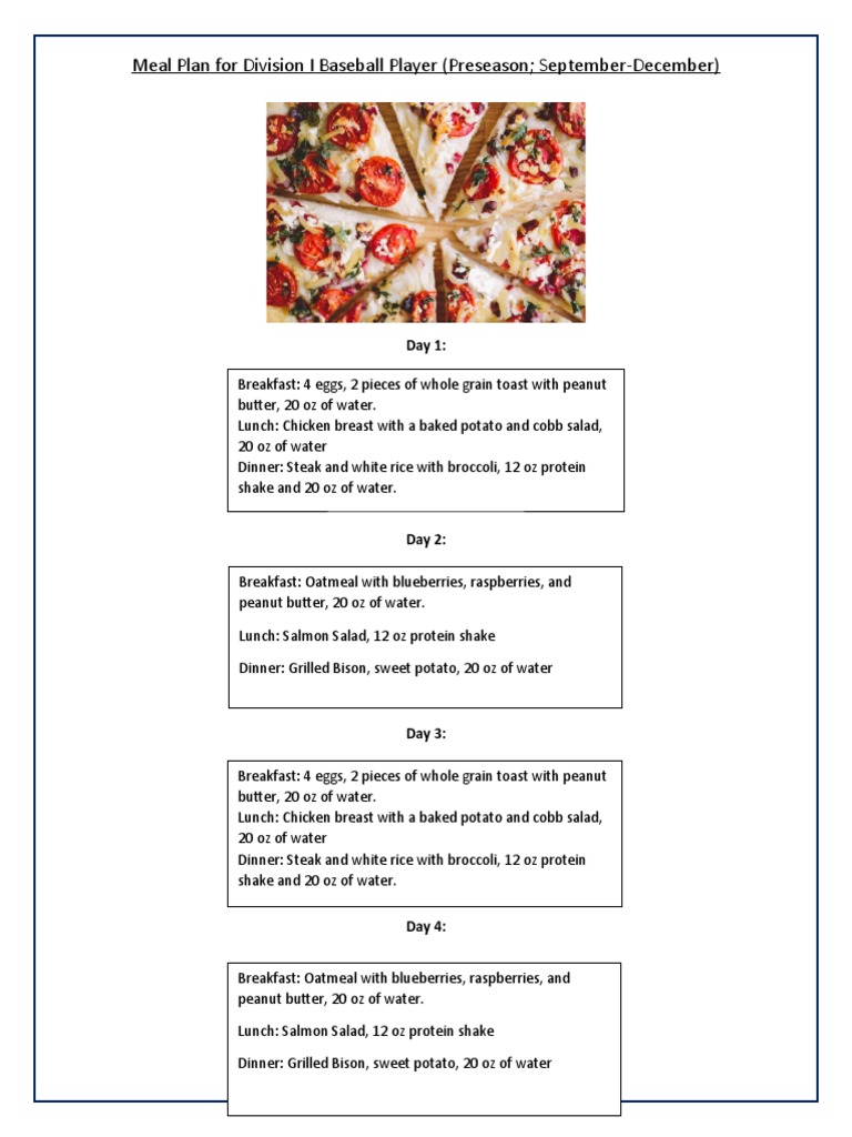 Meal Plan For Division I Baseball Player (Preseason September-December ...