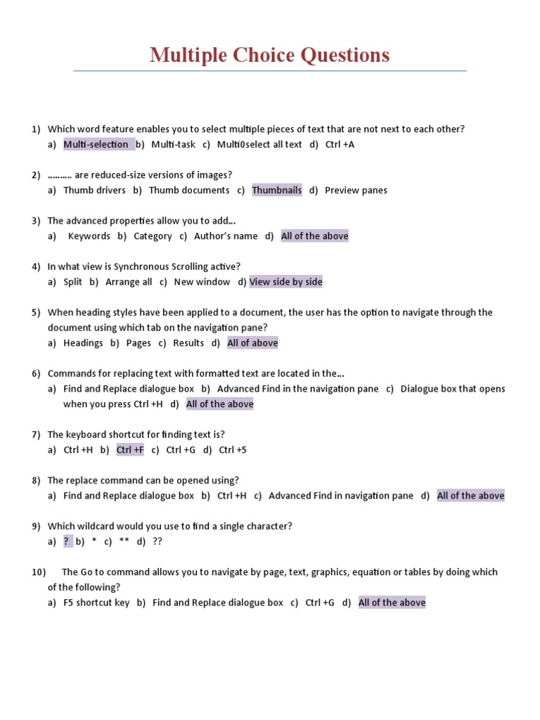 Multiple Choice Questions | PDF | Control Key | Keyboard Shortcut