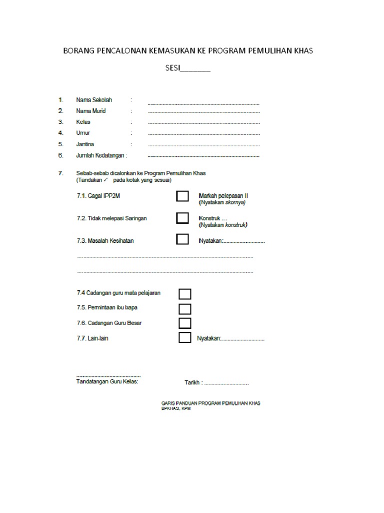 Borang Pencalonan Murid Pemulihan | PDF