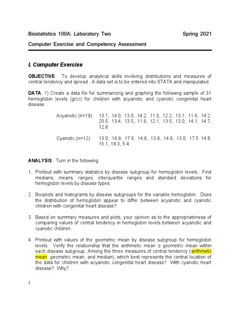 Biostatistics 100A: Laboratory Two Spring 2021 Computer Exercise and Competency Assessment ...