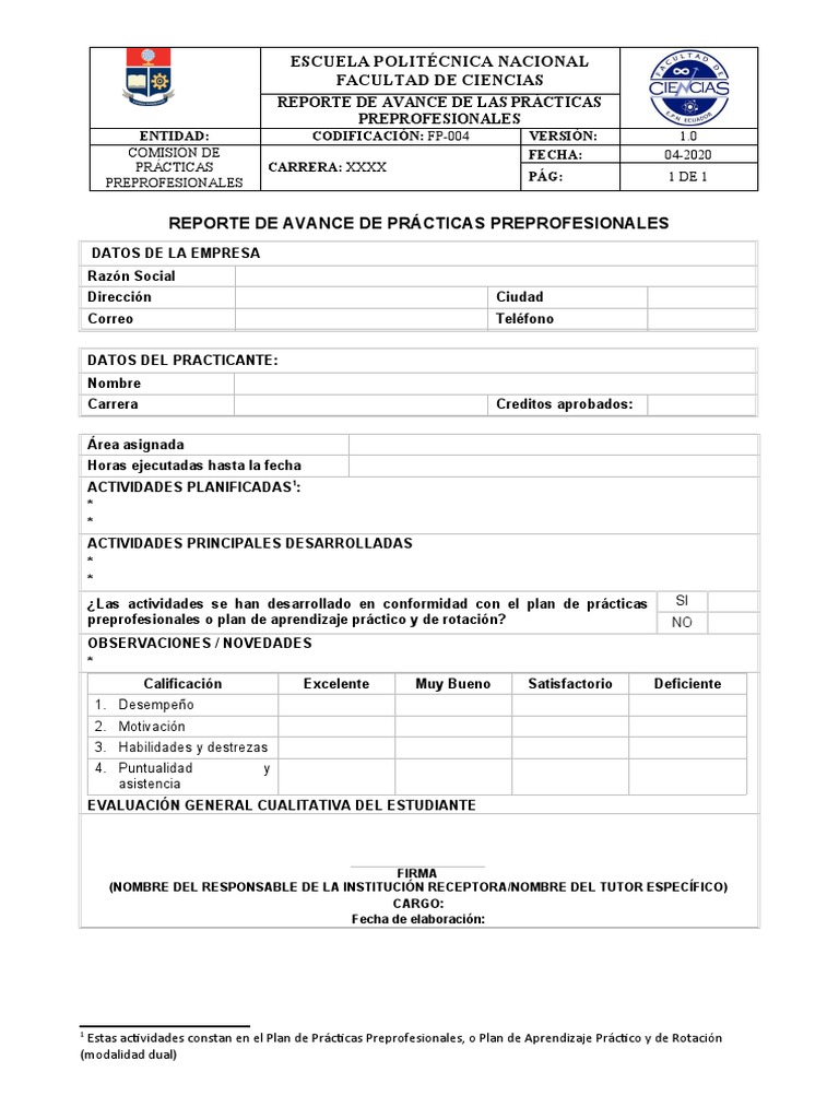 Fp-004 Reporte de Avance de Las Practicas Preprofesionales | PDF