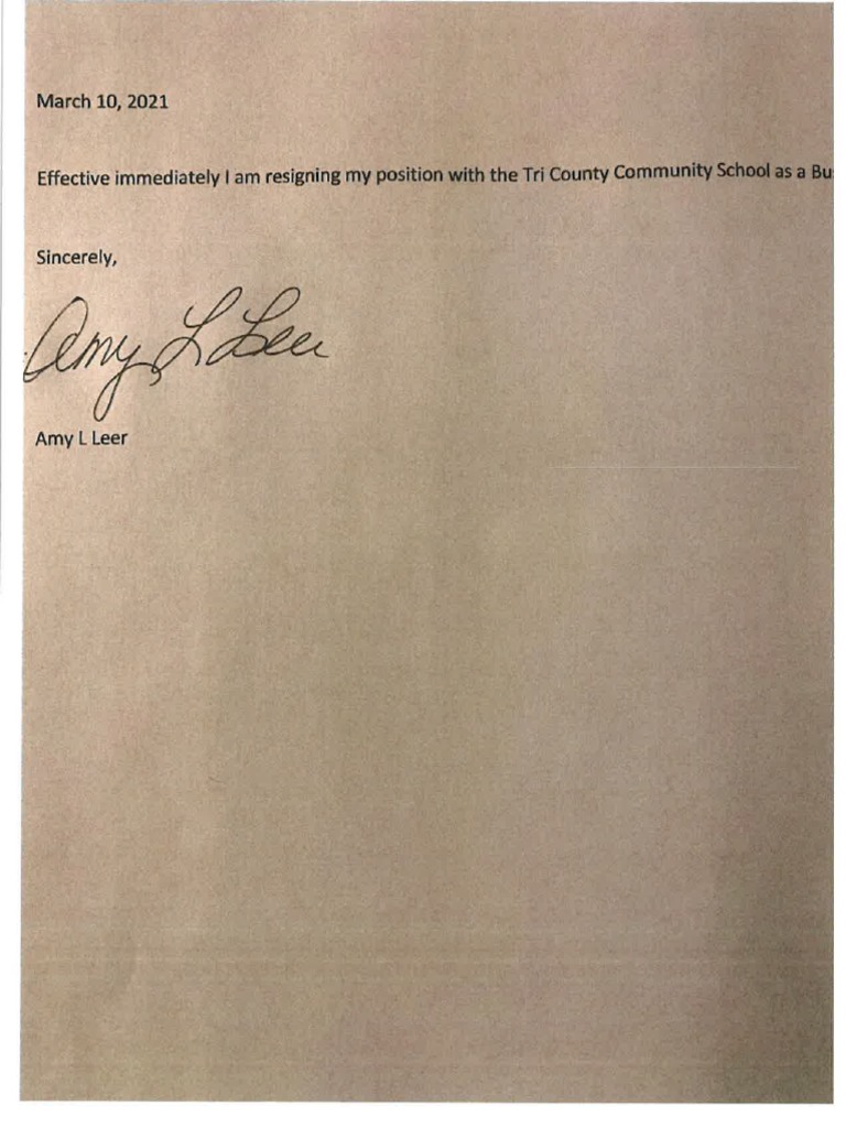 Resignation Letter From Amy Leer (Former Tri-County Bus Driver) | PDF