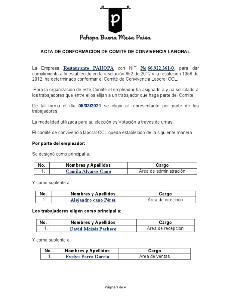 Acta de Conformacion de Comite de Convivencia Laboral | PDF | Empresas | Gobierno