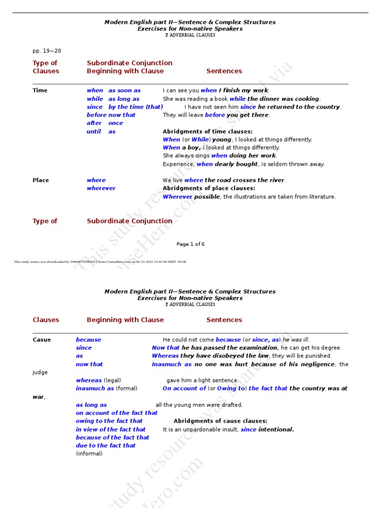 Adverbial Clauses Exercises Guide | PDF | Clause | English Language