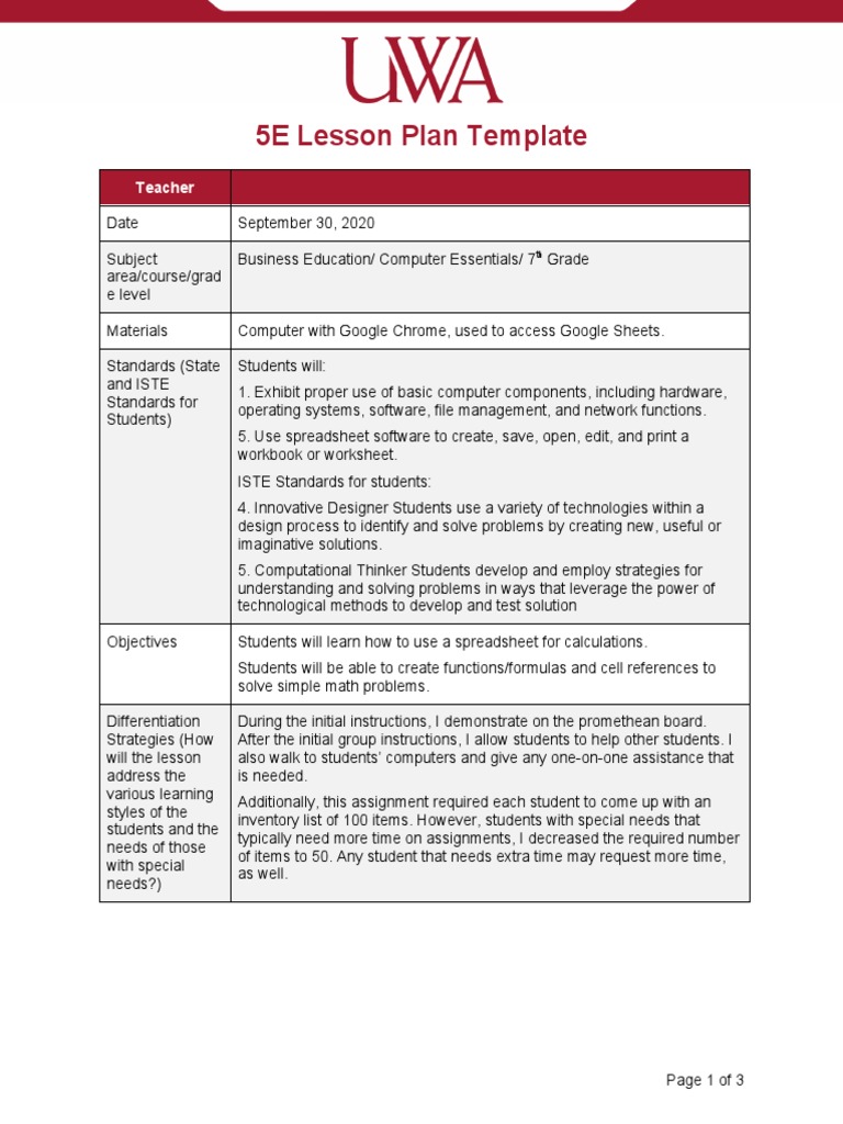 5E Lesson Plan Template: Teacher | PDF | Spreadsheet | Education Theory