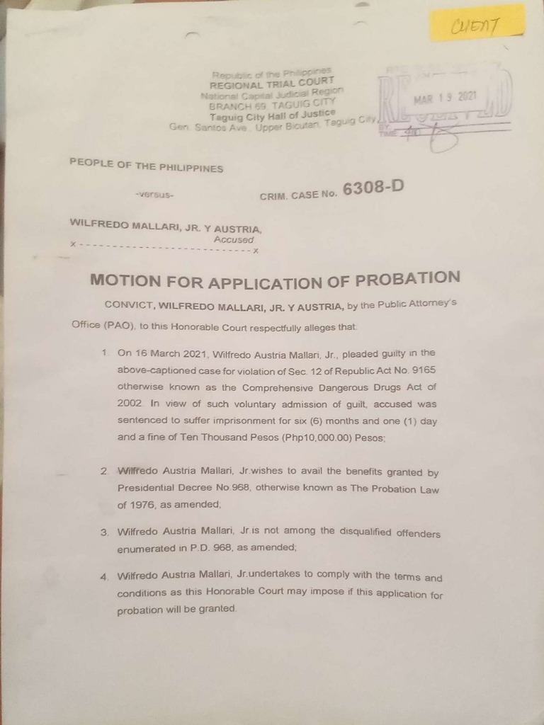 Motion For Application of Probation #1 | PDF