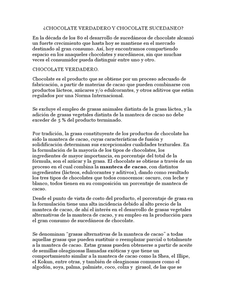 Diferencias entre chocolate y sucedáneo | PDF | Chocolate | Sólidos de ...