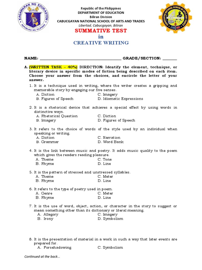 Week 1-8 CW Summative Test | Download Free PDF | Poetry | Writing