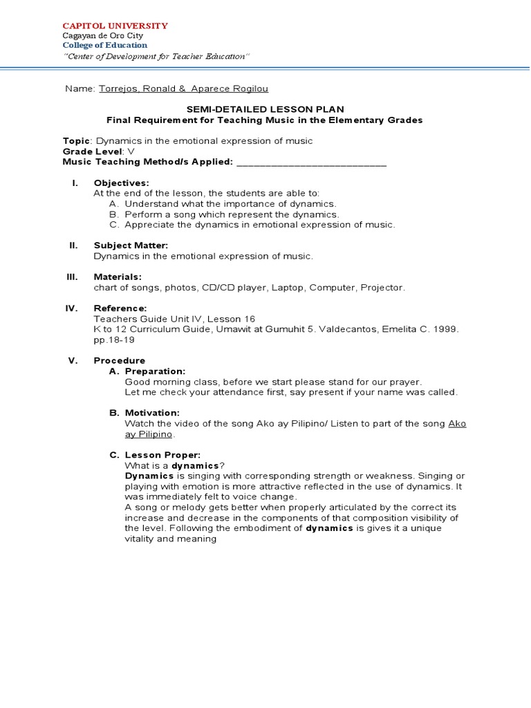 Center of Development For Teacher Education | PDF | Singing | Lesson Plan