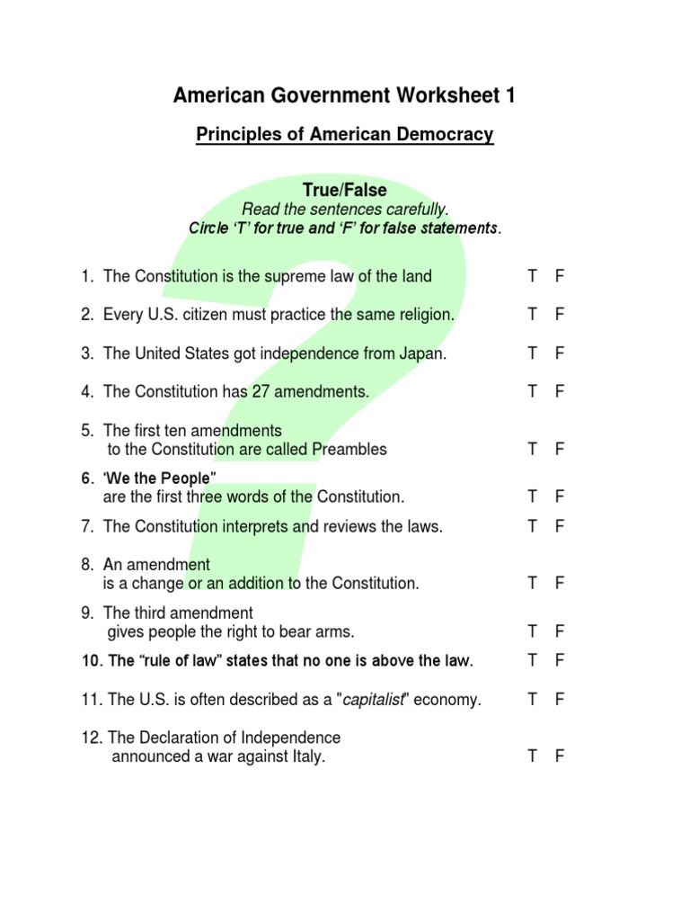 Principles of American Democracy Worksheets | PDF | United States ...