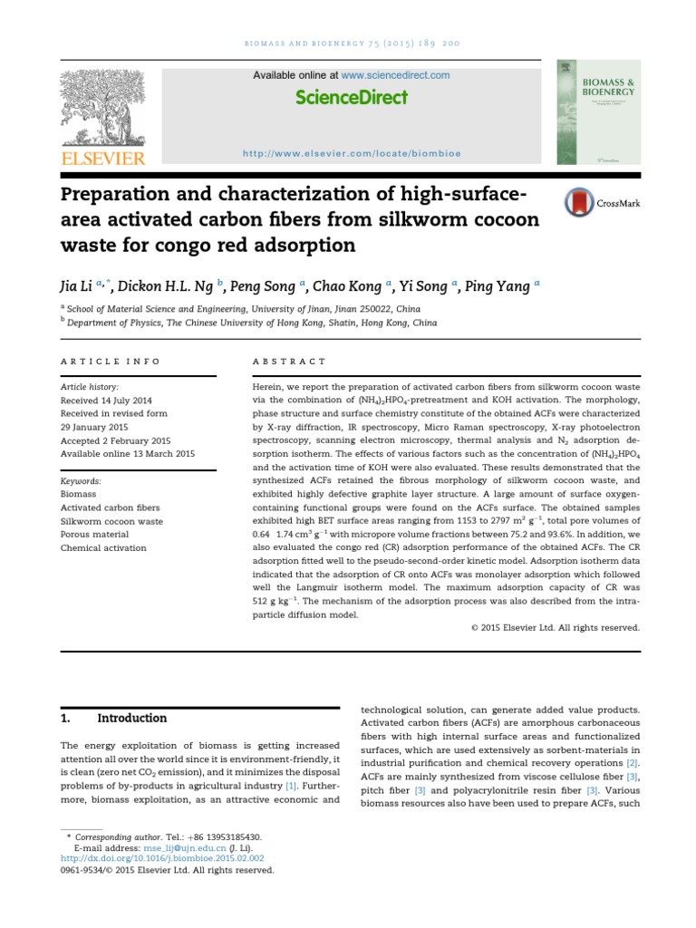 Activated Carbon Fibers From Silkworm Cocoon Waste For Congo Red ...