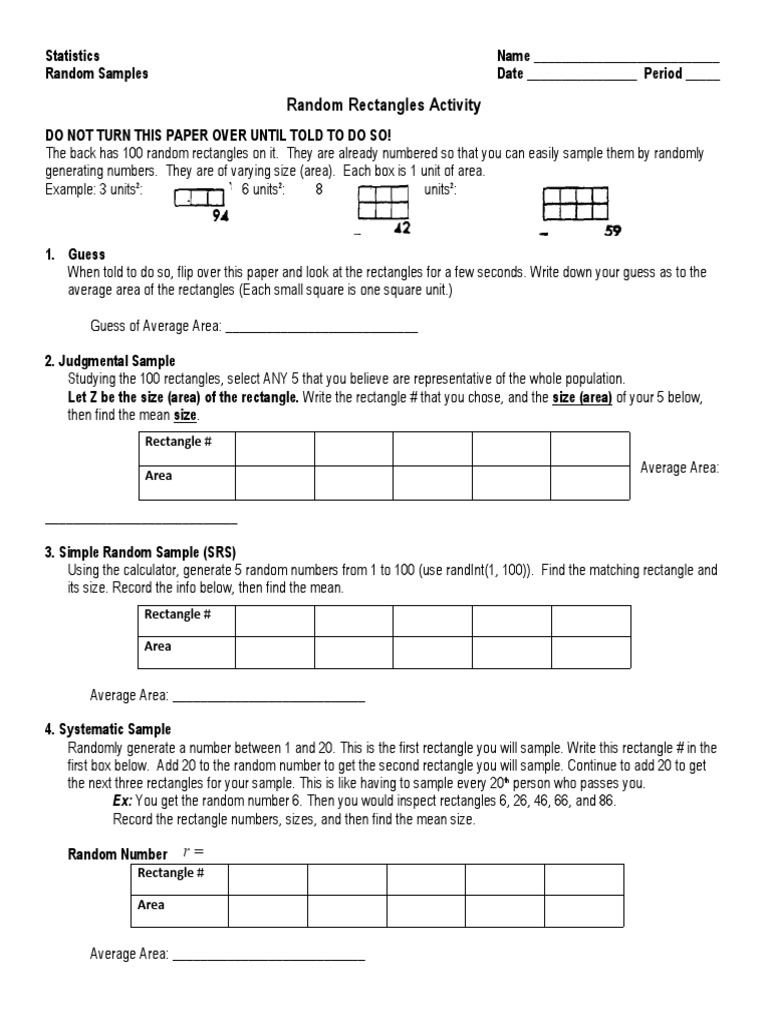 Random Rectangles Activity: Rectangle # Area | PDF