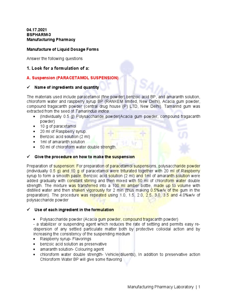 Manufacture of Liquid Dosage Forms (Solution Emulsions and Suspension ...