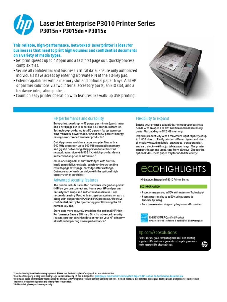 Laserjet Enterprise P3010 Printer Series: P3015N - P3015Dn - P3015X ...