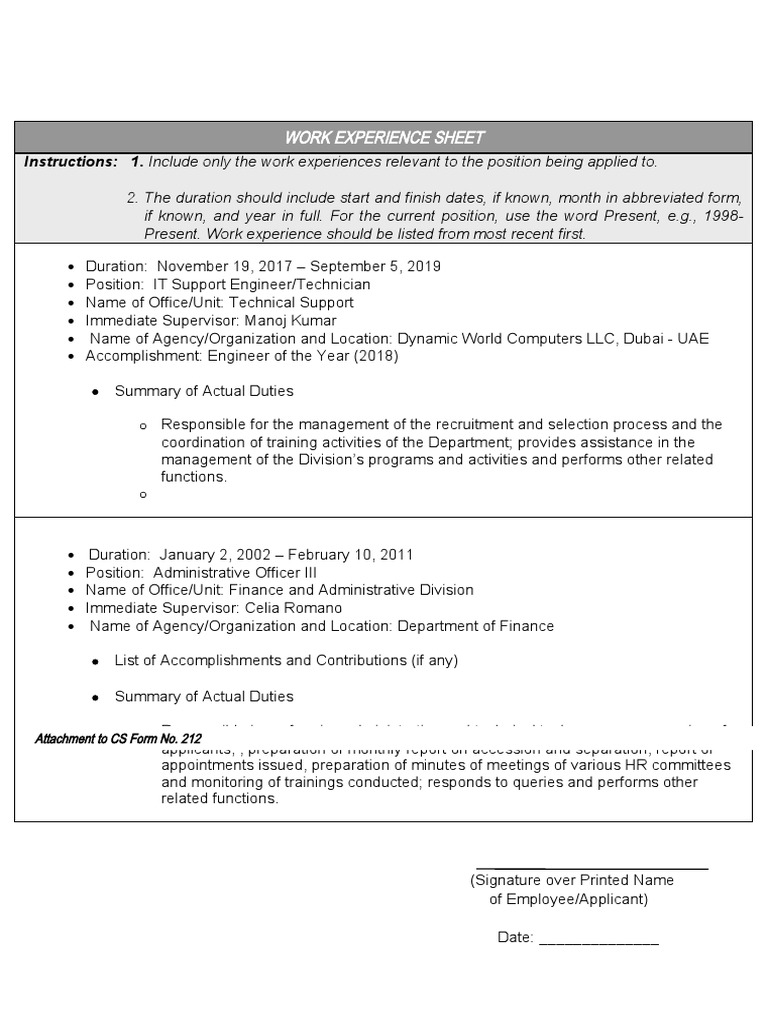 CS Form No. 212 - Additional Work Experience Sheet | PDF
