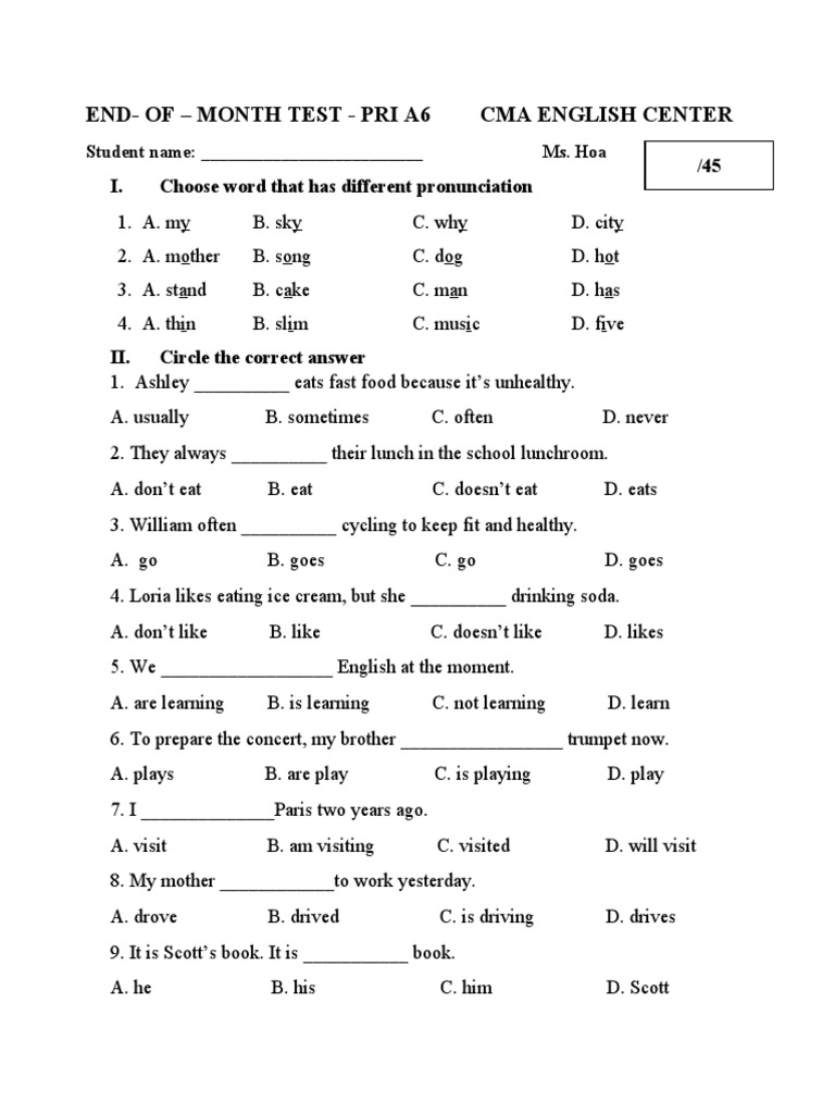 End-of-Month English Test for Students | PDF | Food And Drink | Foods