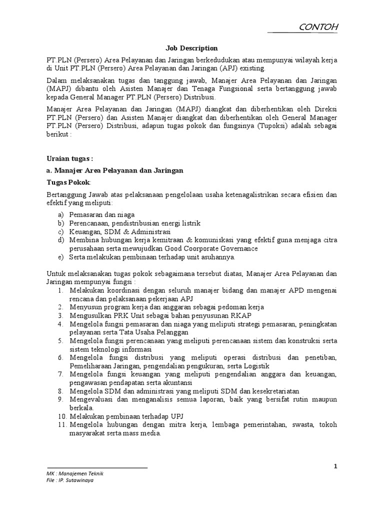 Contoh Jobdes Pada PLN | PDF | Bisnis