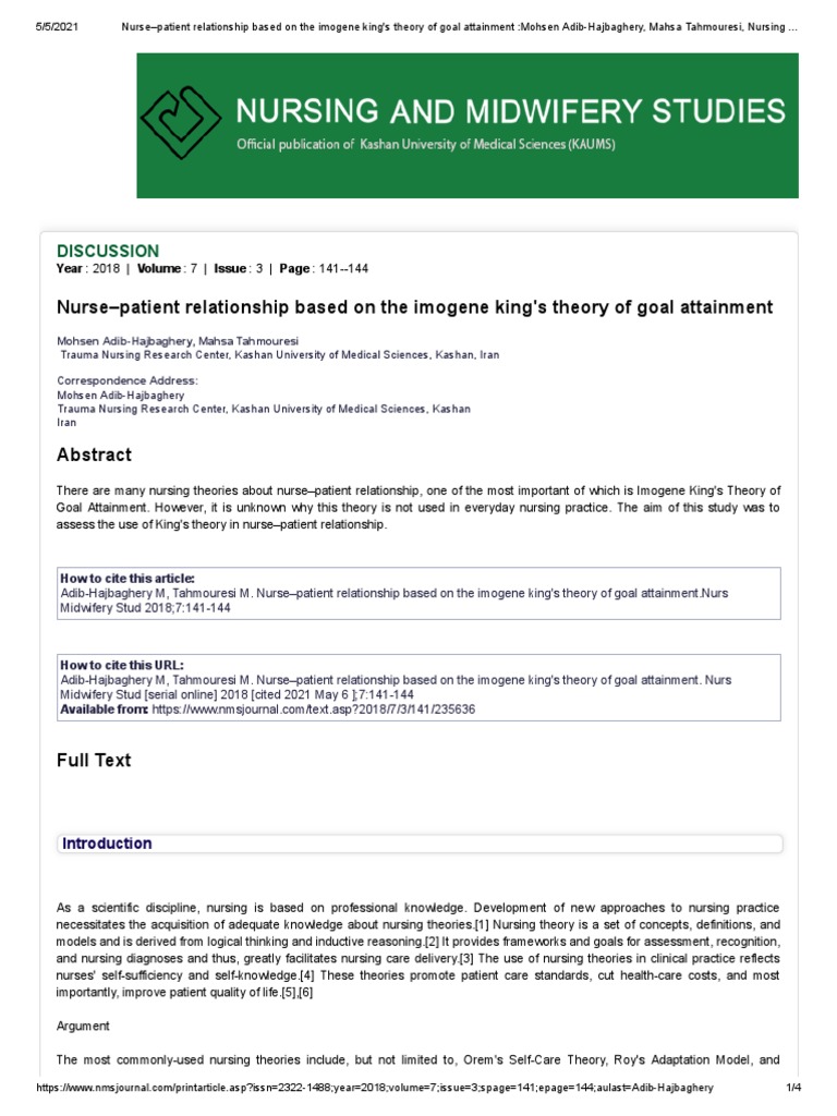Nurse-Patient Relationship Based On The Imogene King's Theory of Goal ...