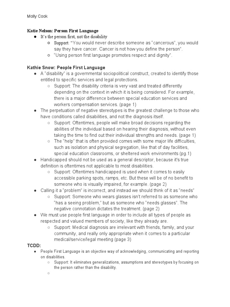 Person First Language Assignment Cook 1 | PDF | Disability | Special ...