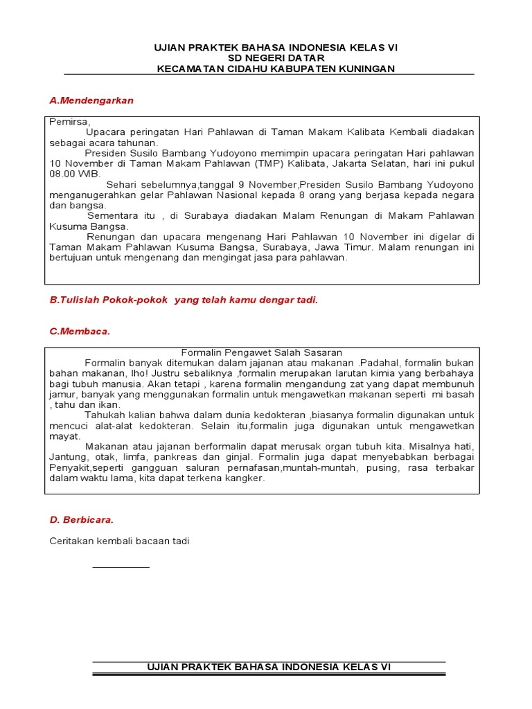 Ujian Praktek Bahasa Indonesia Kelas Vi | PDF