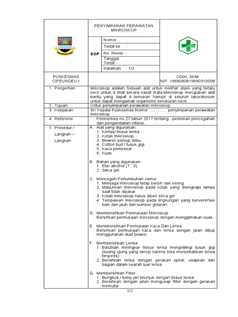 8.6.1.1 Sop Penyimpanan Mikroskop | PDF