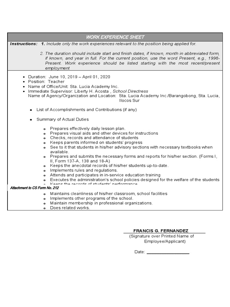 CS Form No. 212 Attachment Work Experience Sheet 2 t1 Sir Frans | PDF ...