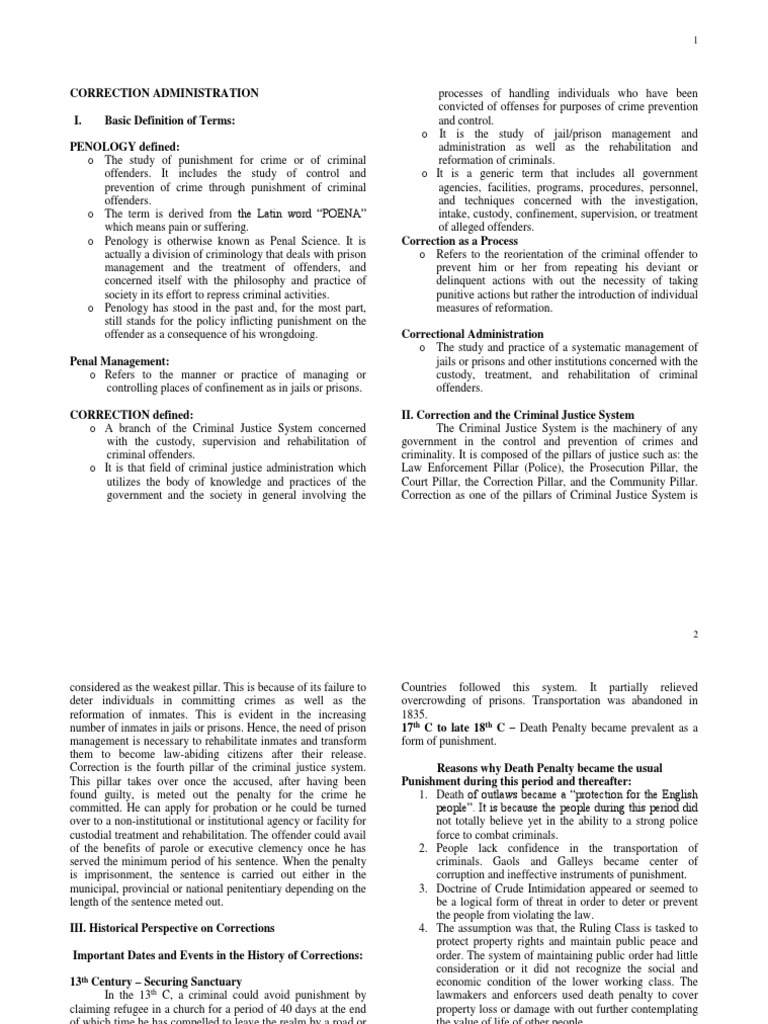 Correction Administration I. Basic Definition of Terms: PENOLOGY ...