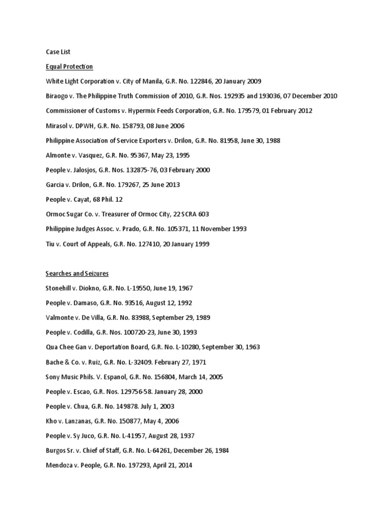 Case List Equal Protection and Unreasonable Searches and Seizures | PDF ...