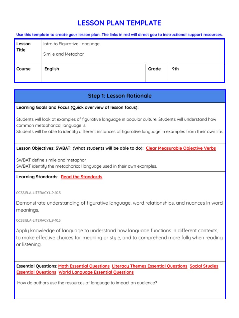 Simile and Metaphor Lesson Plan | PDF | Lesson Plan | Metaphor
