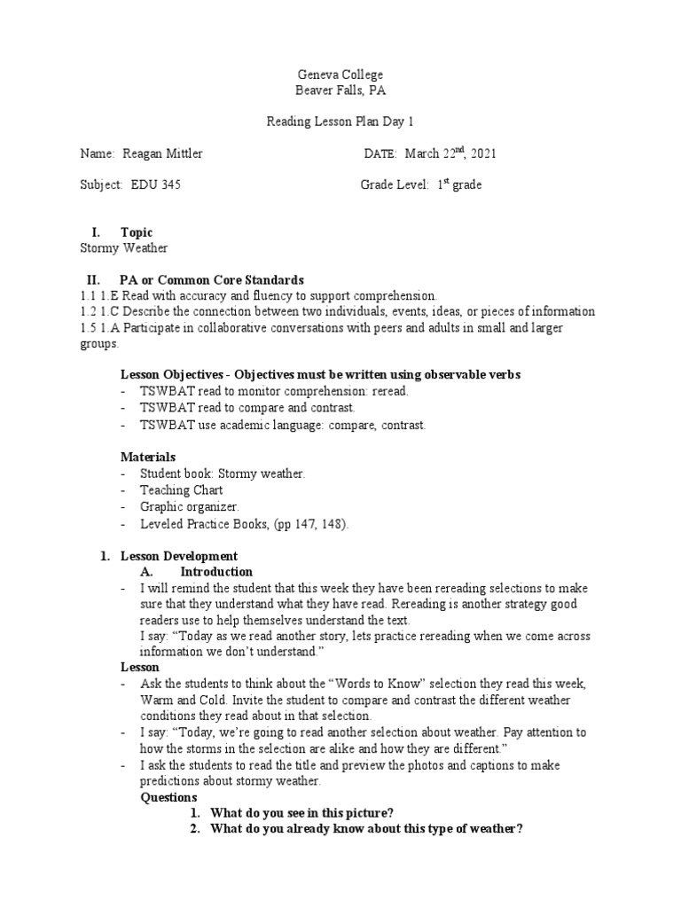 Reading Day 1 Lesson Plan | PDF | Reading Comprehension | Lesson Plan