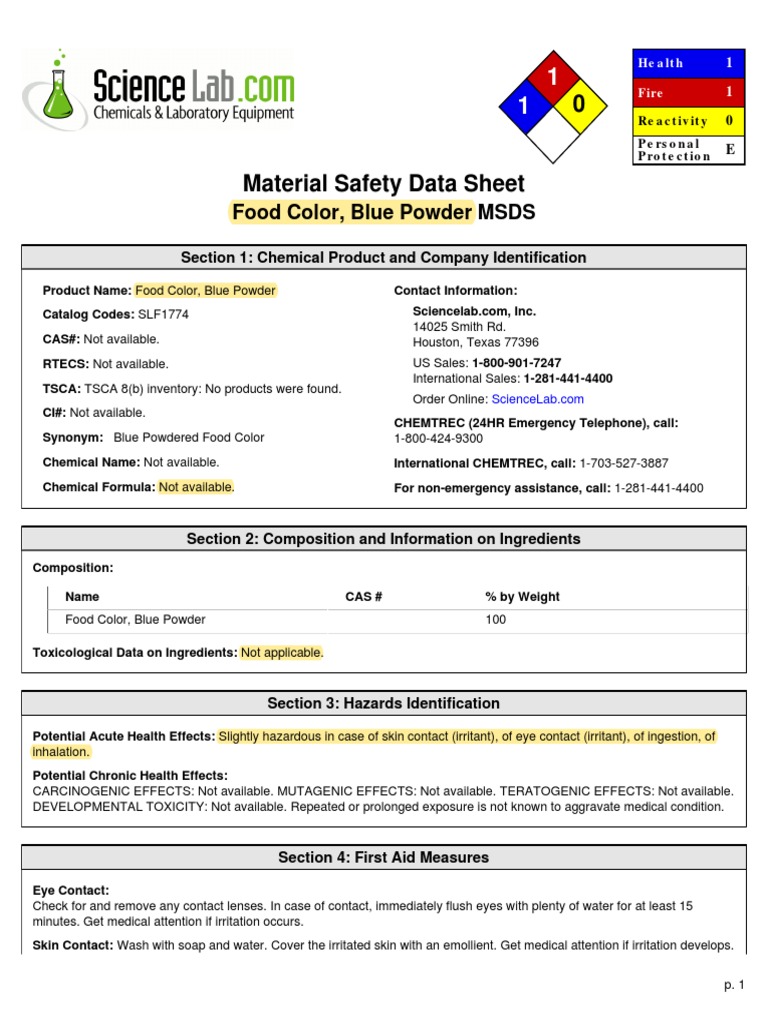 Food Color, Blue Powder MSDS: Section 1: Chemical Product and Company ...