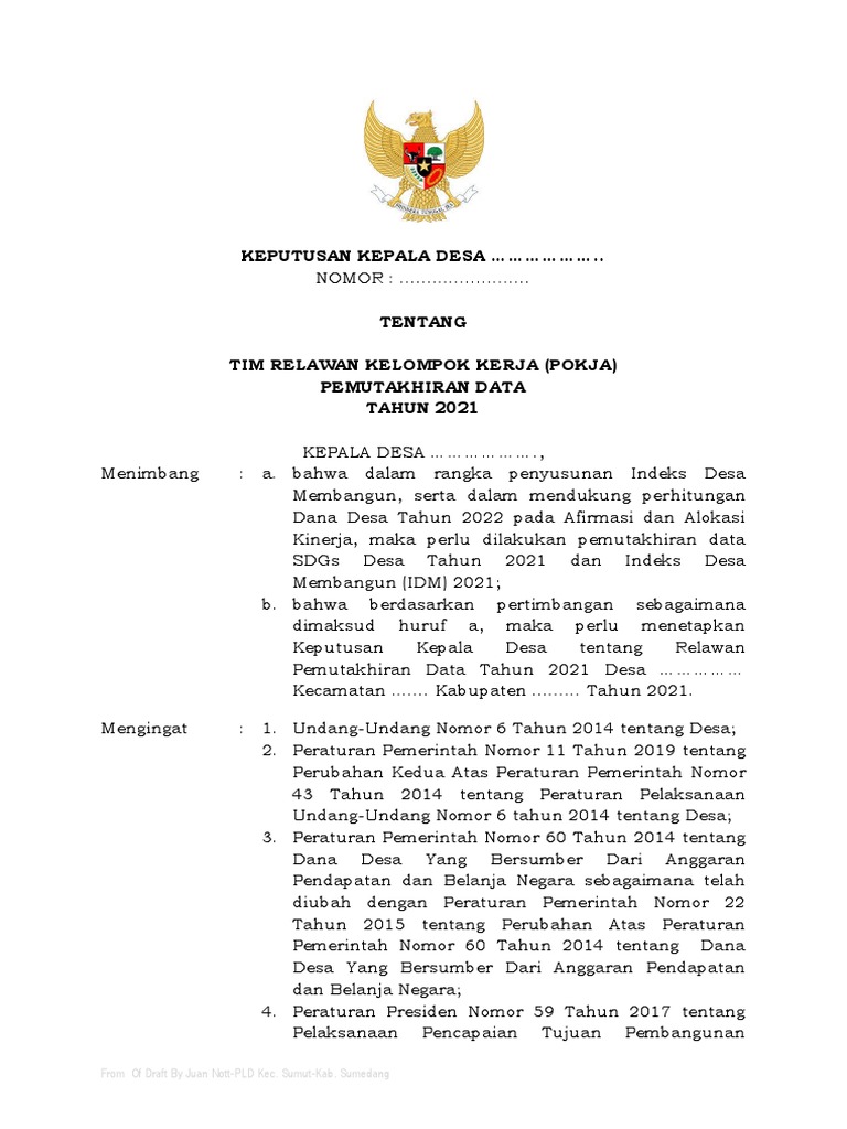 Draft SK Tim Pendataatn SDGs Desa Dan IDM SDGs Desa | PDF