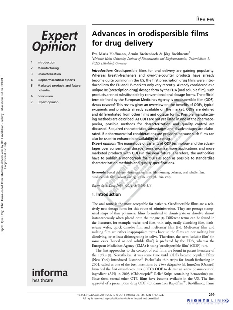 Advances in Orodispersible Films For Drug Delivery: Review | PDF ...